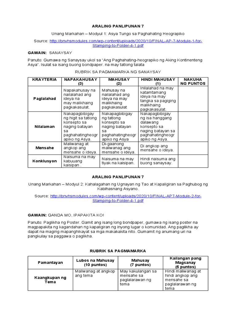 Araling Panlipunan Rubrics | PDF