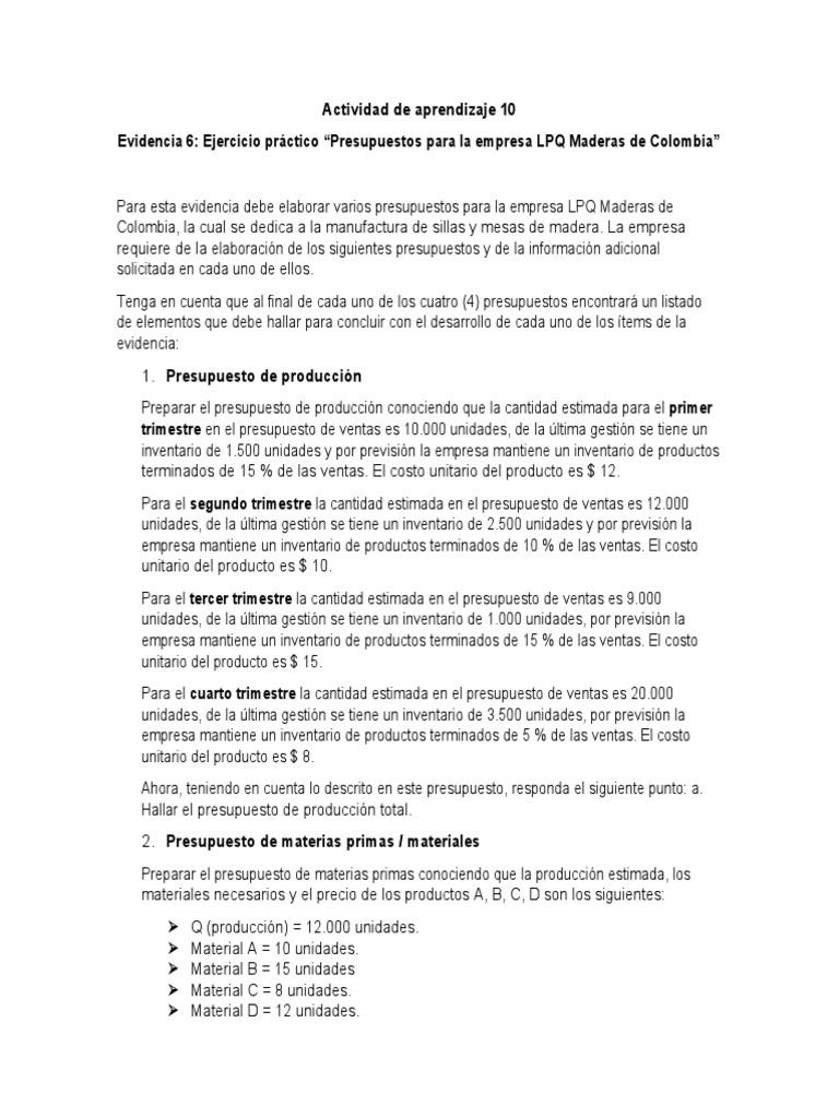 Actividad de Aprendizaje 10 Evidencia 6 Ejercicio Practico Presupuestos para La Empresa LPQ ...