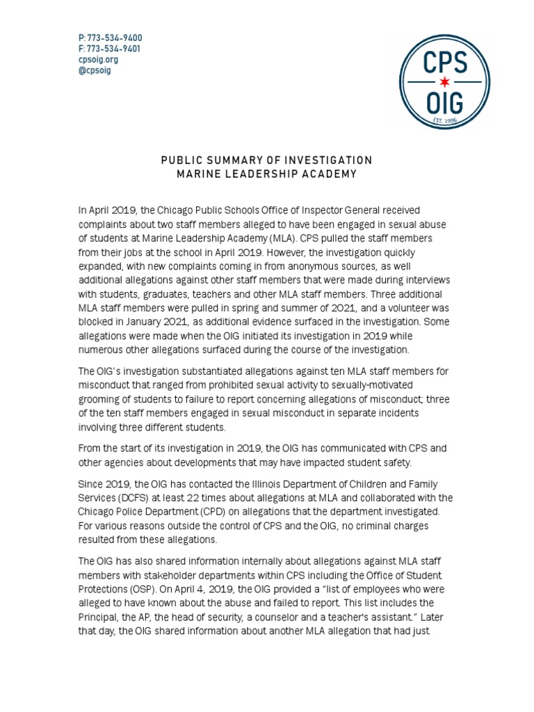 Public Summary of Marine Leadership Academy Investigation | PDF | Child ...