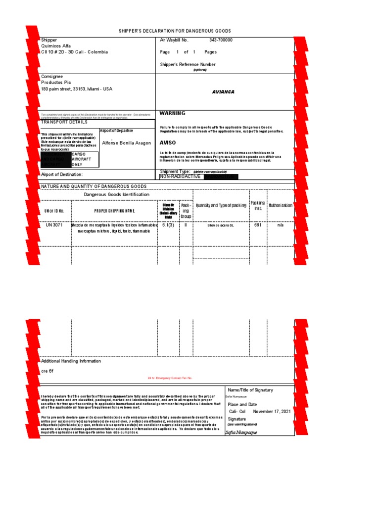 Declaración Del Expedidor | PDF | Dangerous Goods | Cargo