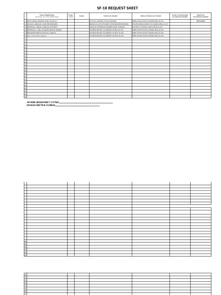 SF-10 Student Request Sheet | PDF
