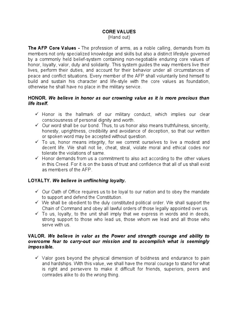 AFP Core Values and Military Professionalism | PDF | Courage | Integrity