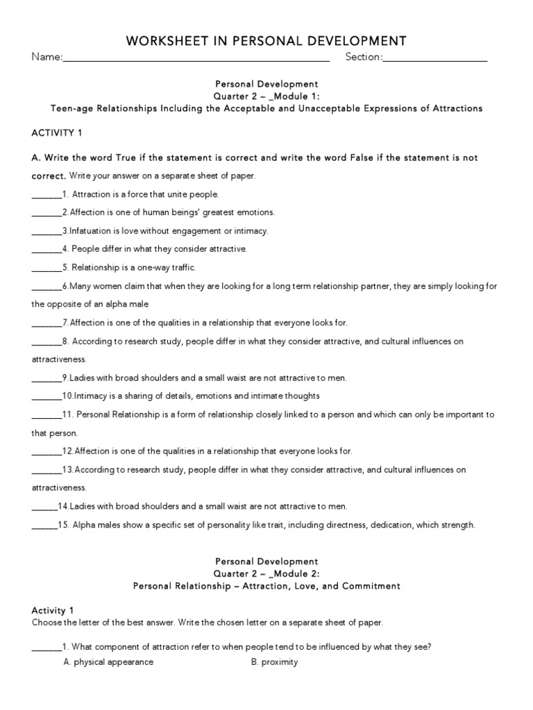 Worksheet in Personal Development: Name: - Section | PDF | Love ...