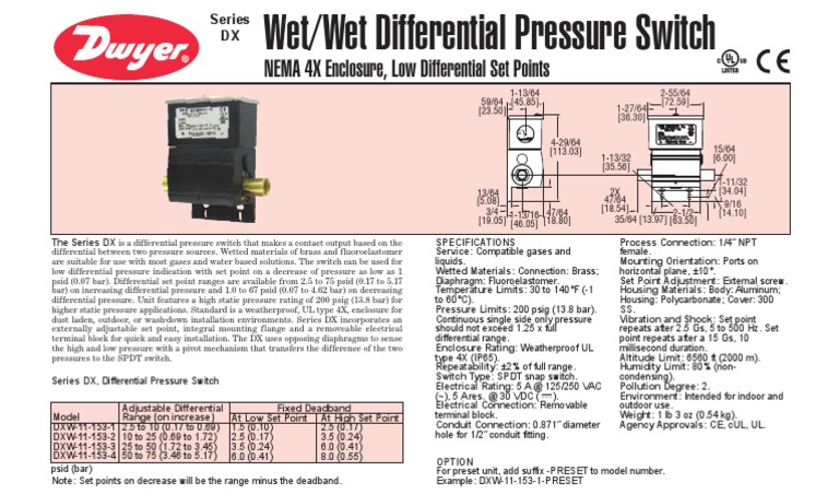 Wet/Wet Differential Pressure Switch: NEMA 4X Enclosure, Low ...