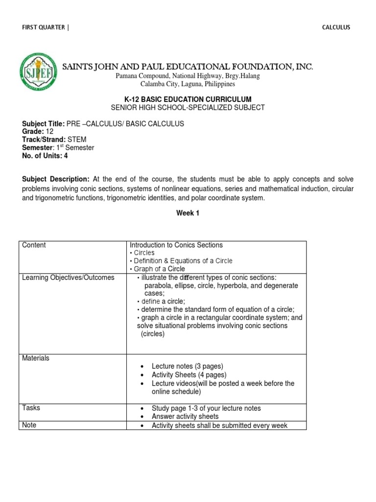 Calculus g12 Stem Weeks 1&2 | PDF | Ellipse | Circle