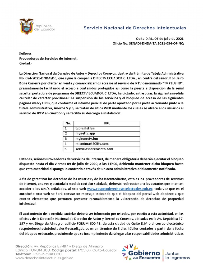 Oficio No. 034-2021 ISP 024-2021-Signed | PDF | Internet | Derechos de autor