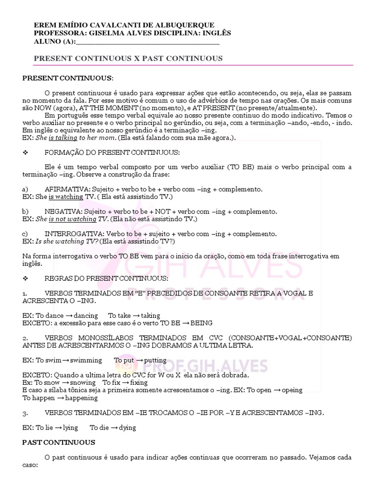 Present Continuous vs Past Continuous | PDF | Assunto (gramática ...