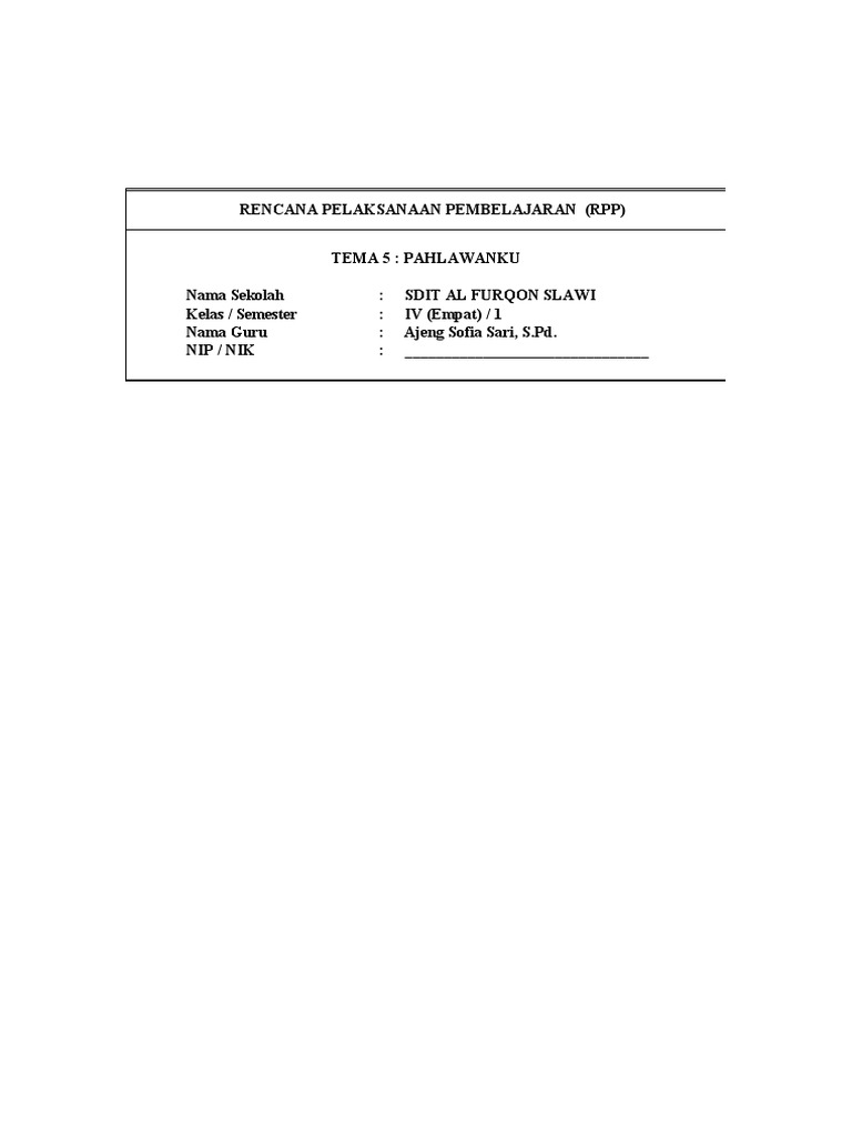 RPP KLS 4 TEMA 5 - Pahlawanku | PDF