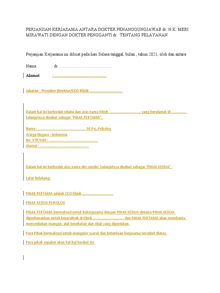Perjanjian Kerjasama Antara Dokter Penanggungjawabdr Pdf