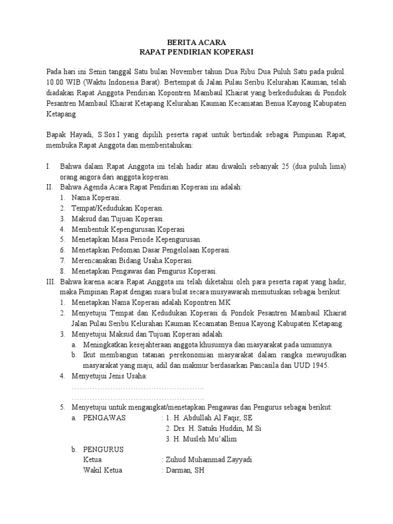 Berita Acara Pendirian Koperasi | PDF