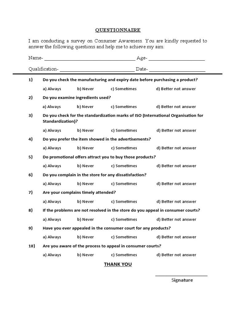 Consumer Awareness Survey Questionnaire | PDF | Career & Growth
