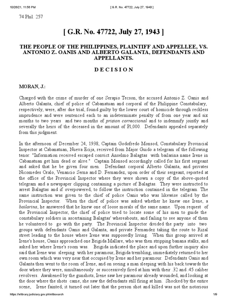 RPC Article 11 PEOPLE V OANIS (FULL CASE) | PDF | Criminal Law | Murder