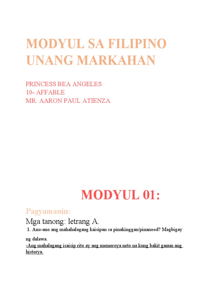 Modyul Sa Filipino Unang Markahan | PDF