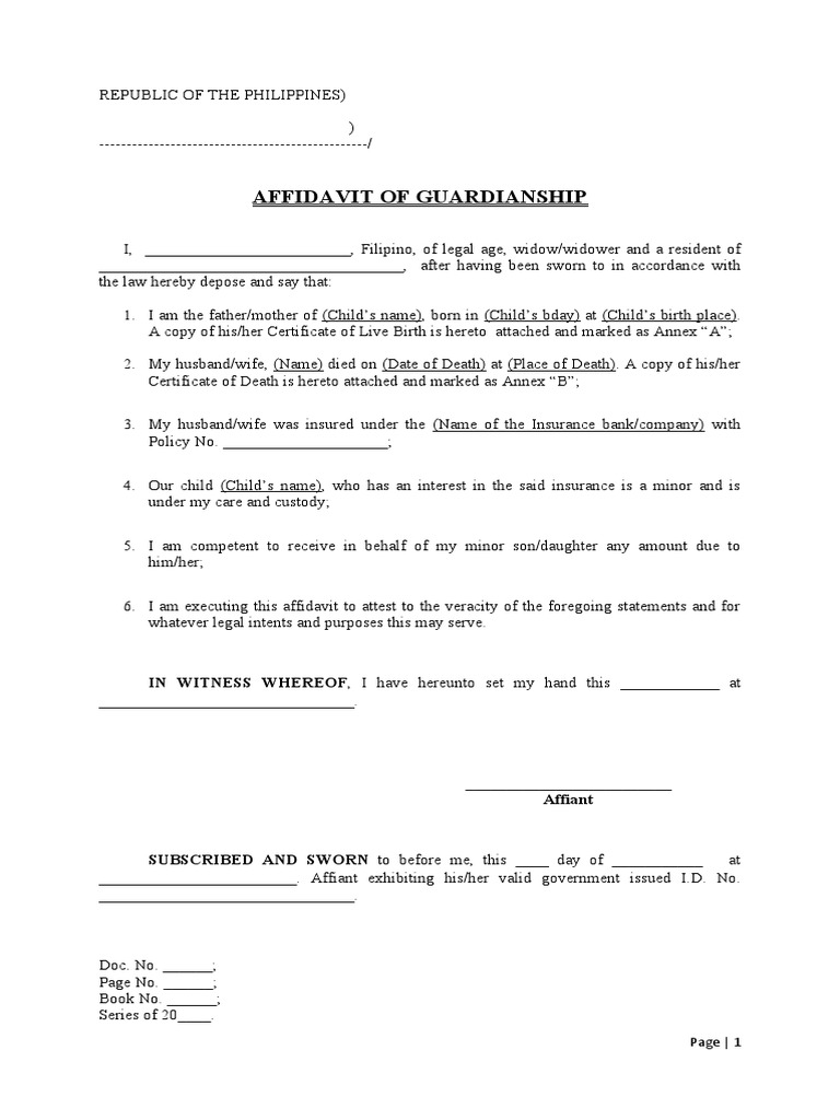 Affidavit of Guardianship Sample | PDF