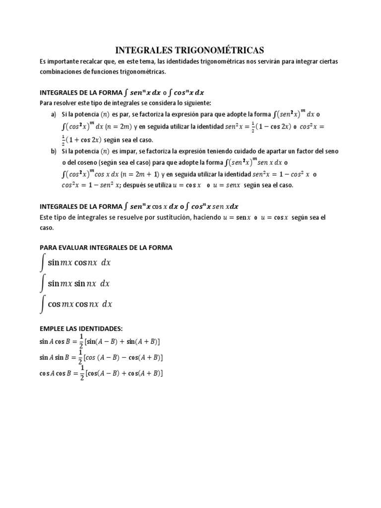 Integrales Trigonométricas Esenciales | PDF | Integral | Funciones ...