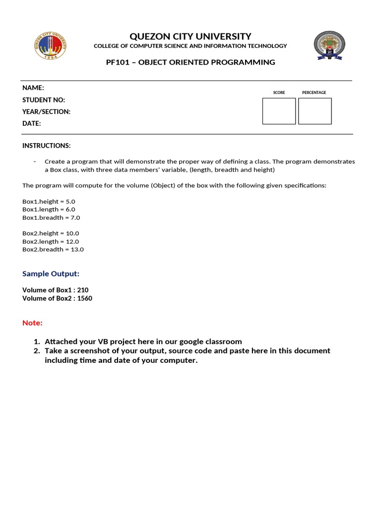 Quezon City University: Pf101 - Object Oriented Programming | PDF