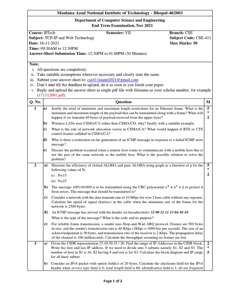 CSE411 - TCP-IP and Web Technology End Term Nov 2021 | PDF | Routing | Transmission Control Protocol