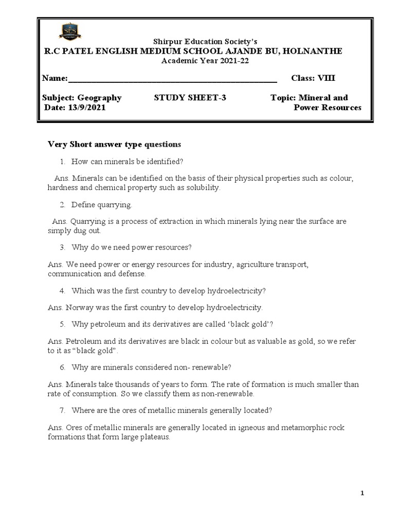Geography Study Sheet: Minerals & Power | PDF | Science & Mathematics ...
