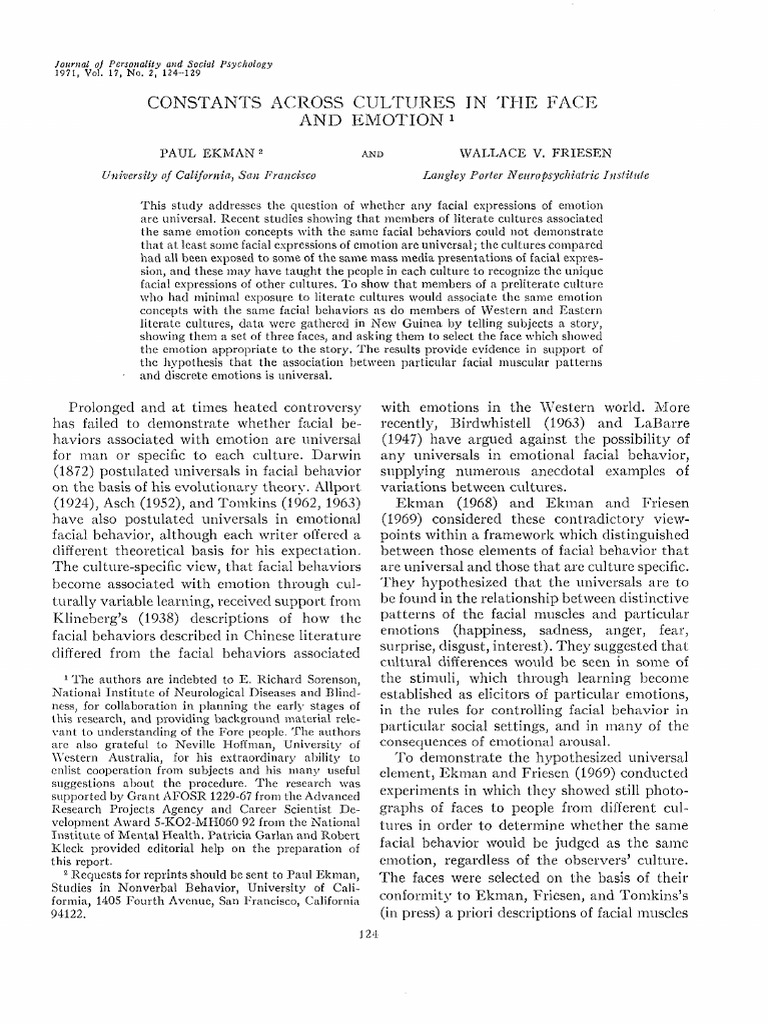 Ekman 1971 | PDF | Emotions | Facial Expression