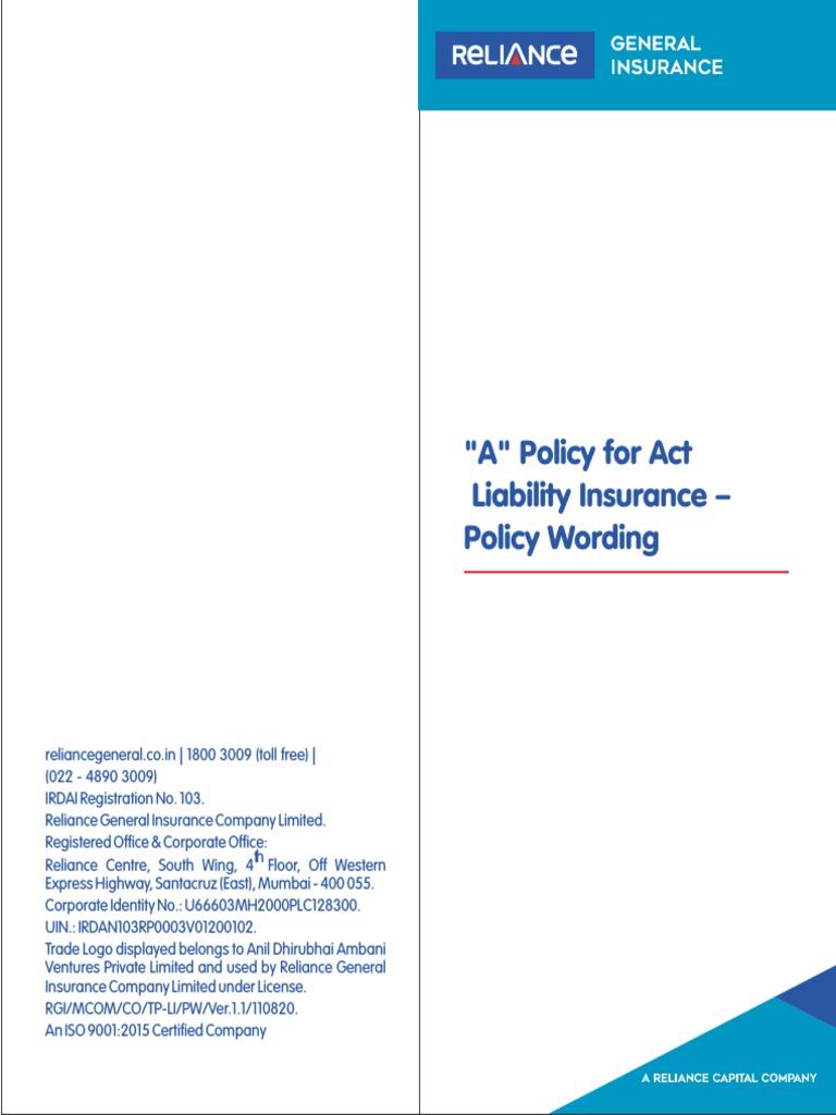 Private Car Third Party Policy Wording - Reliance | PDF | Indemnity ...