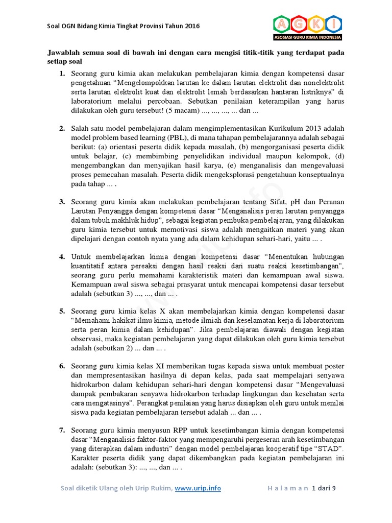 Soal OGN Kimia Tingkat Provinsi Tahun 2016 | PDF