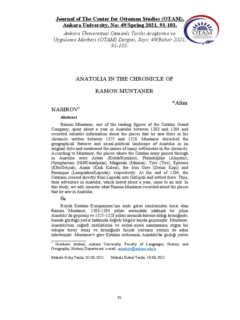 Anatolia in The Chronicle of Ramon Muntaner PUBLISHED ARTICLE | PDF