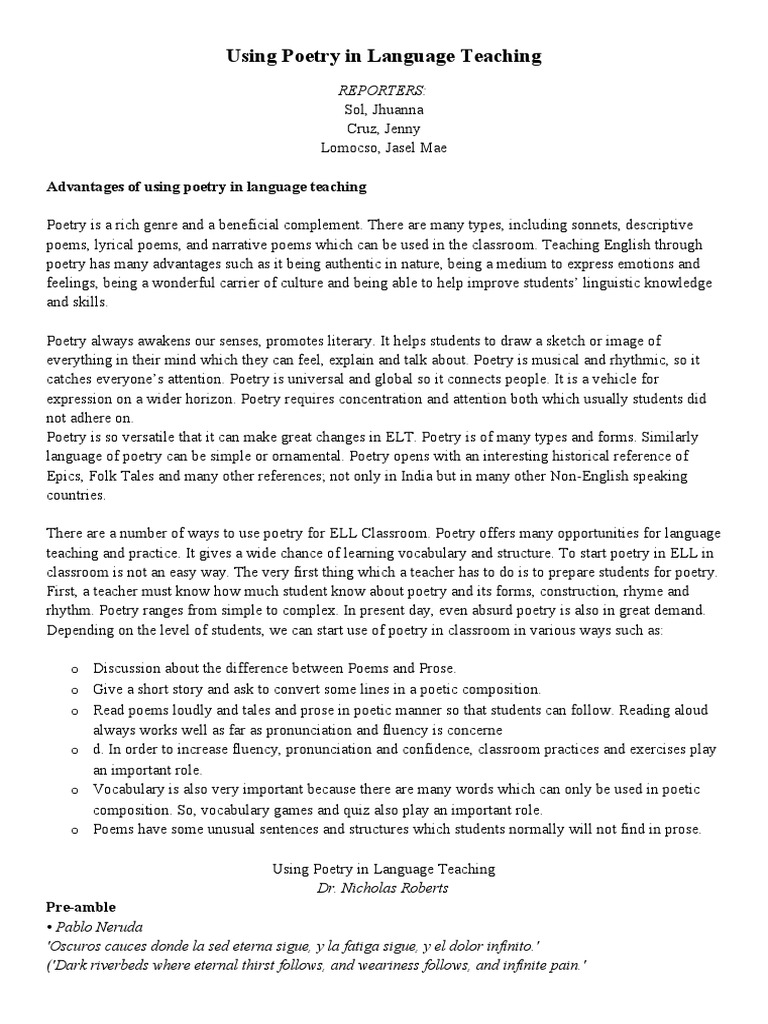Advantages of Using Poetry in Language Teaching | PDF | Poetry ...