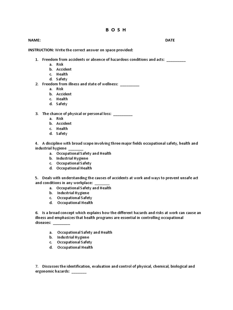 BOSH Midterm Exam | PDF | Occupational Safety And Health | Occupational ...