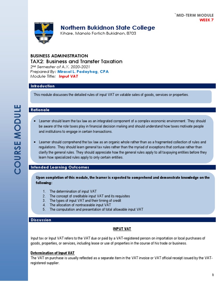 Week 7 Module 7 TAX2 - Business and Transfer Taxation - PADAYHAG | PDF | Value Added Tax | Taxes
