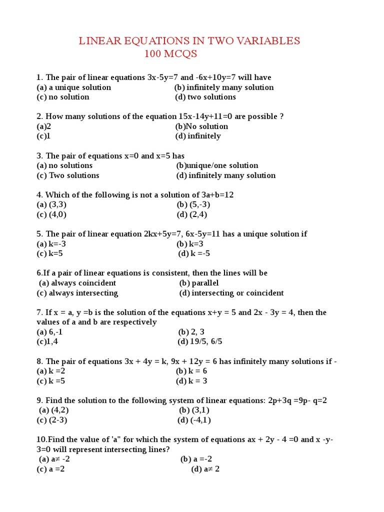 Maths MCQ | PDF | Equations | System Of Linear Equations