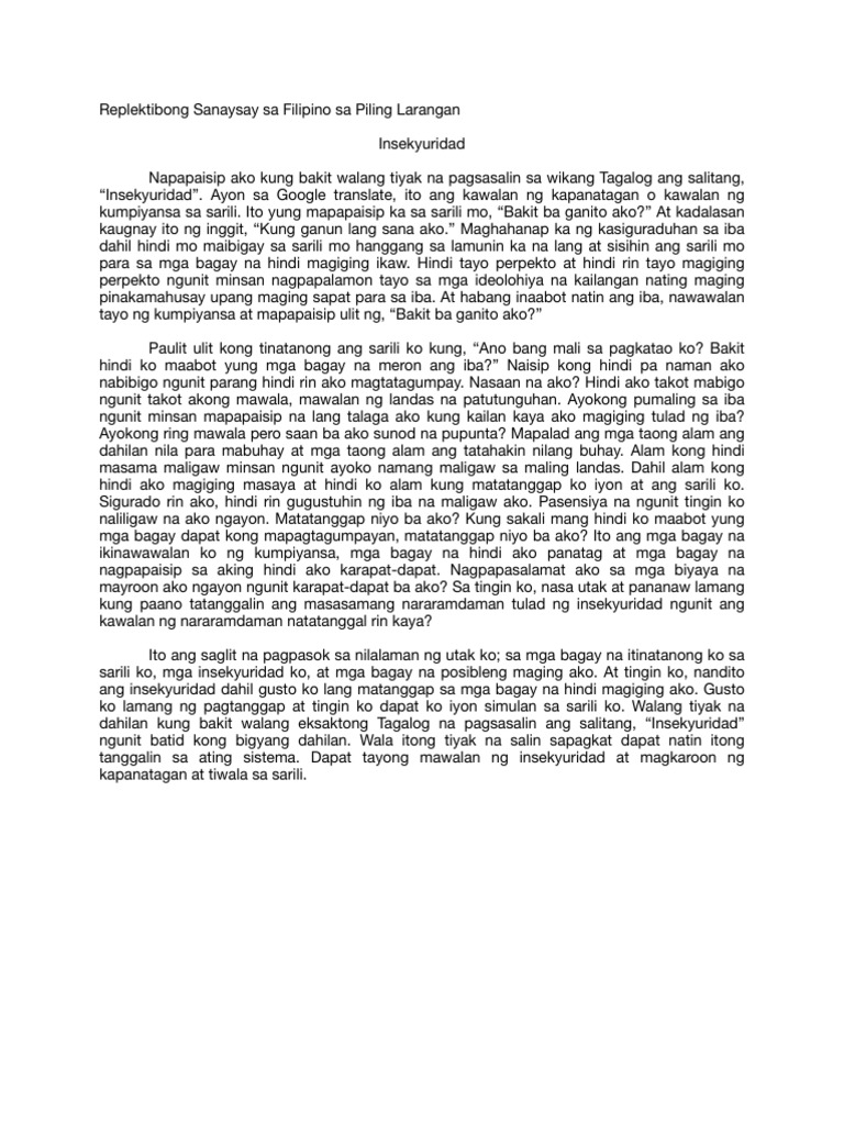 Replektibong Sanaysay Halimbawa | PDF