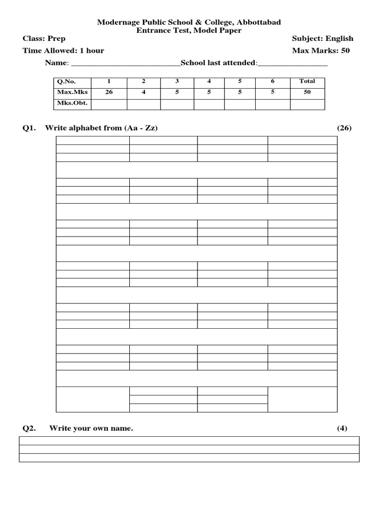 Nursery Class Exam Paper | PDF