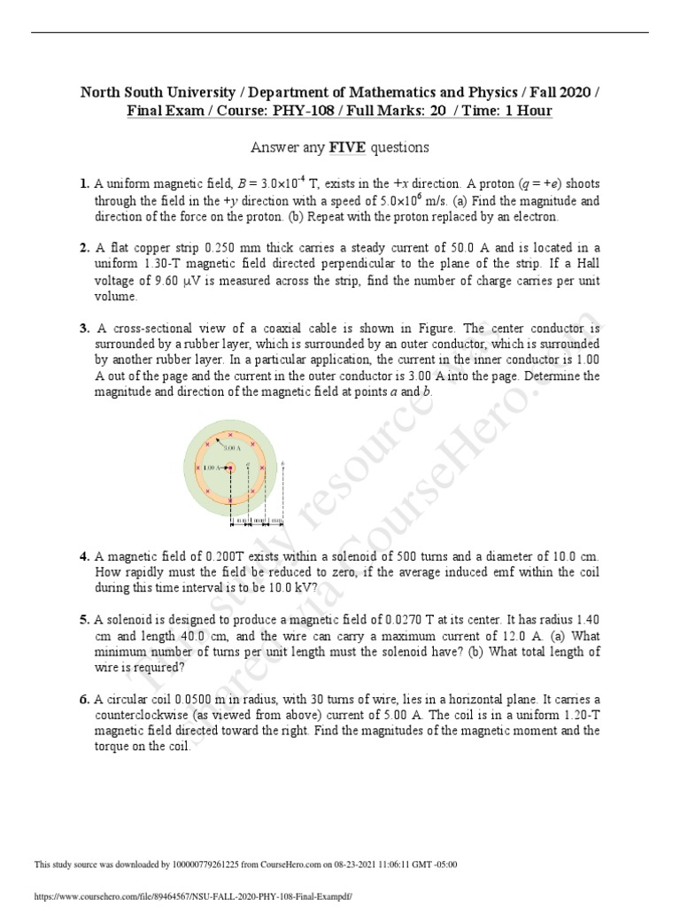 NSU FALL 2020 PHY 108 Final Exam PDF | PDF | Magnetic Field | Inductor