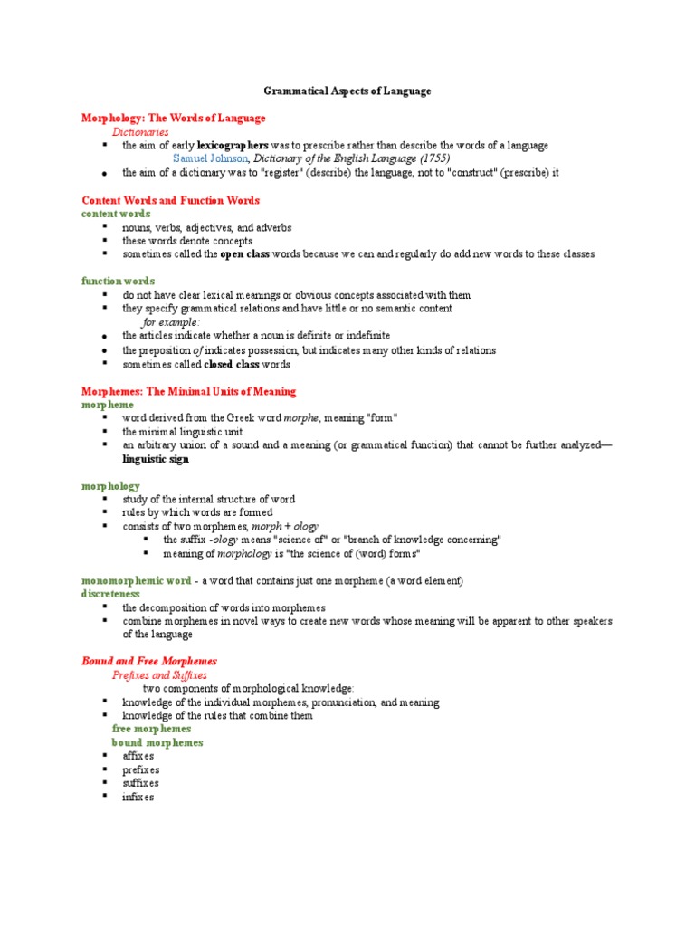 Grammatical Aspects of Language | PDF | Word | Morphology (Linguistics)