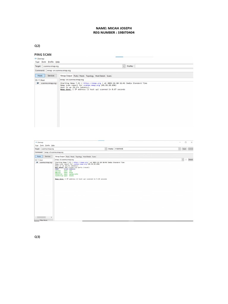 Q2) Ping Scan: Name: Micah Joseph Reg Number: 19bit0404 | PDF | File Transfer Protocol ...
