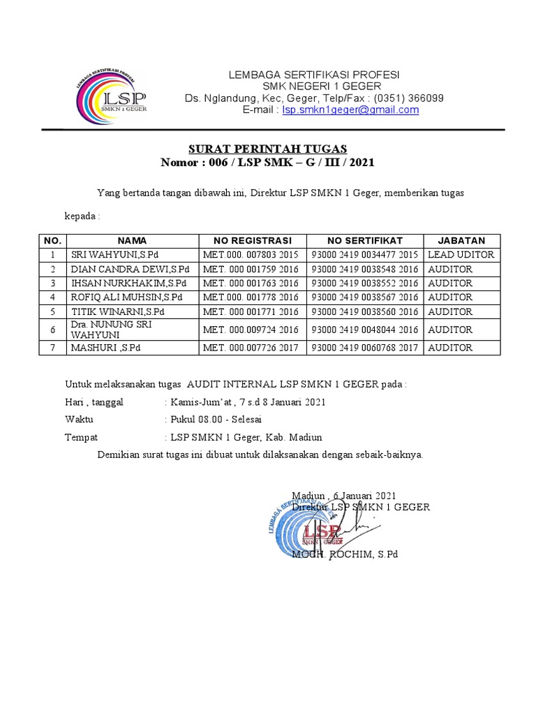 Surat Tugas Audit Internal LSP SMK 1 Geger | PDF