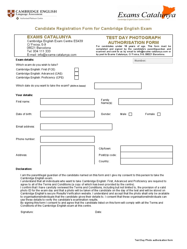 Exams Catalunya Test Day Photograph Authorisation Form: Candidate ...