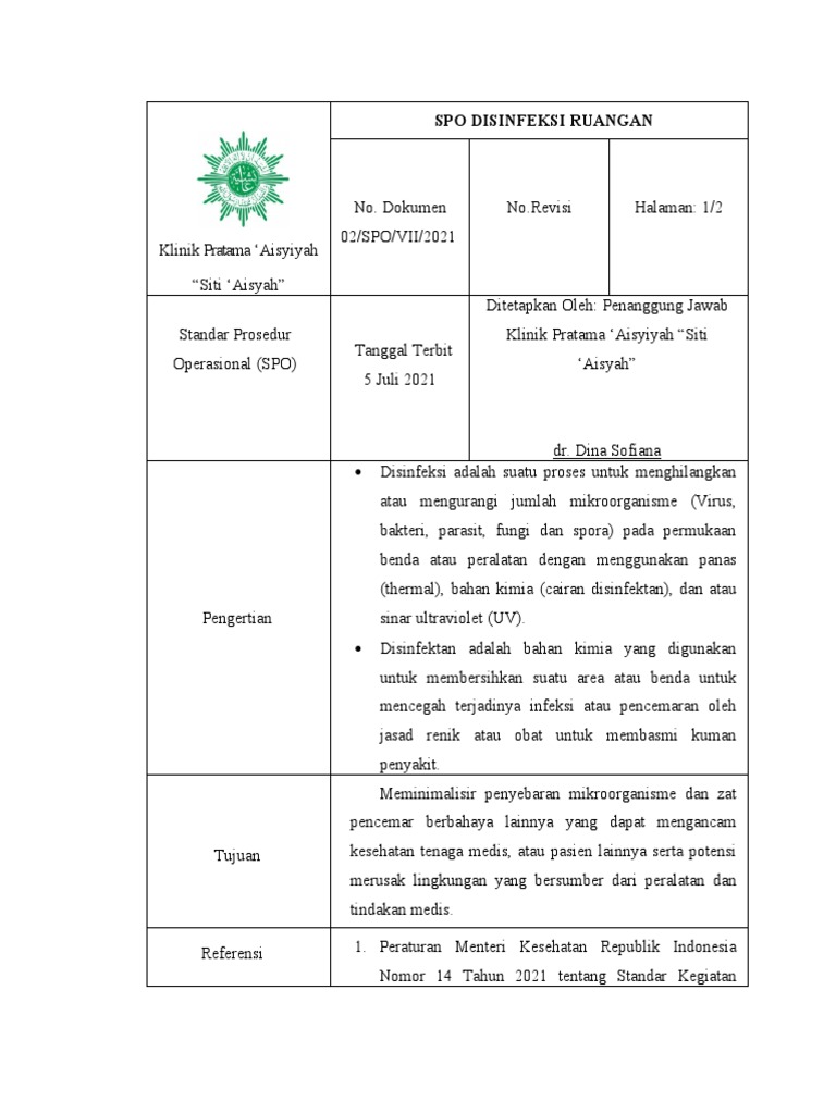 Prosedur Disinfeksi Ruangan Klinik | PDF