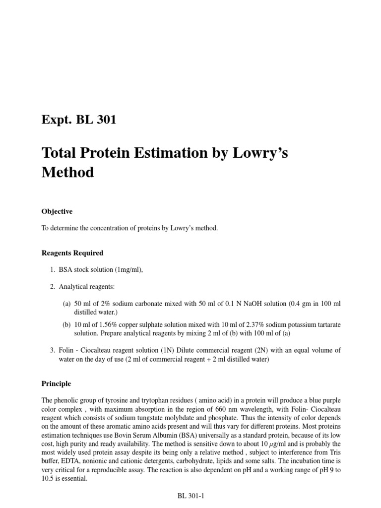Protein Estimation Using Lowry's Method | PDF | Proteins | Absorbance