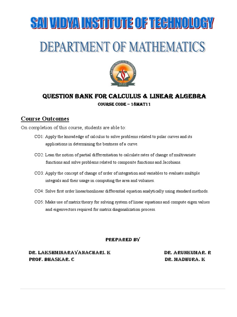 Question Bank For Calculus & Linear Algebra: Course Outcomes | PDF ...