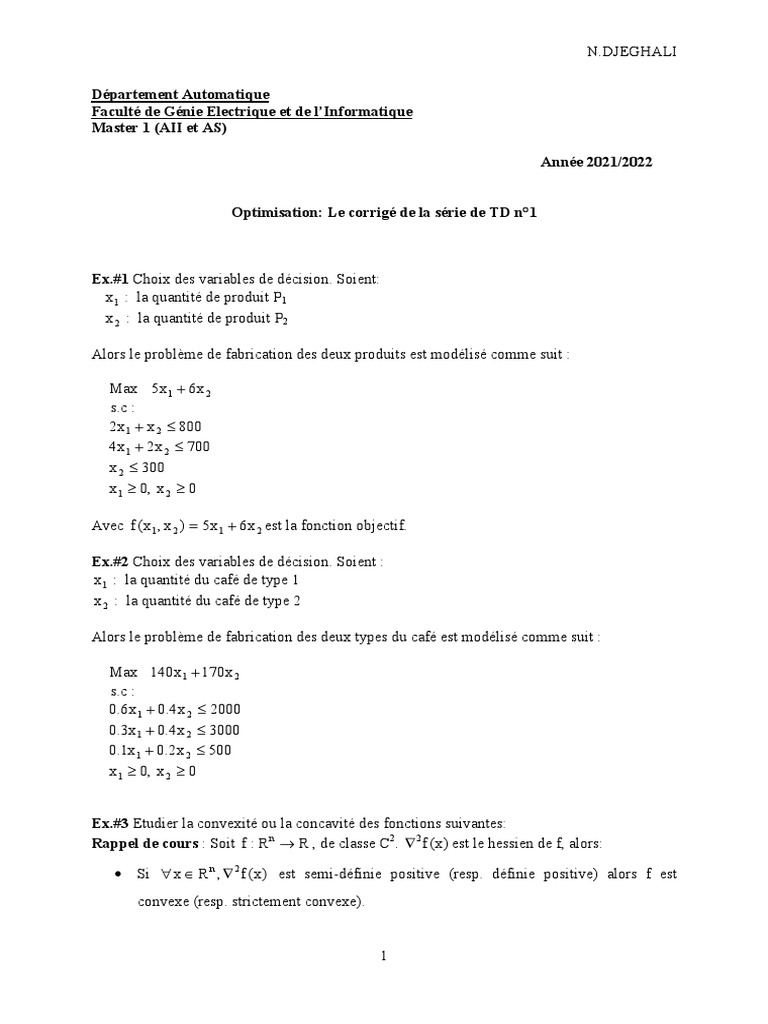 Optimisation - Corrigé - Série N°1 | PDF | Extremum | Pente