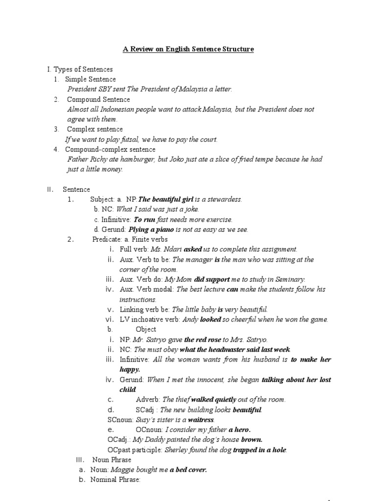 Summary of English Sentence Structure | PDF | Clause | Phrase