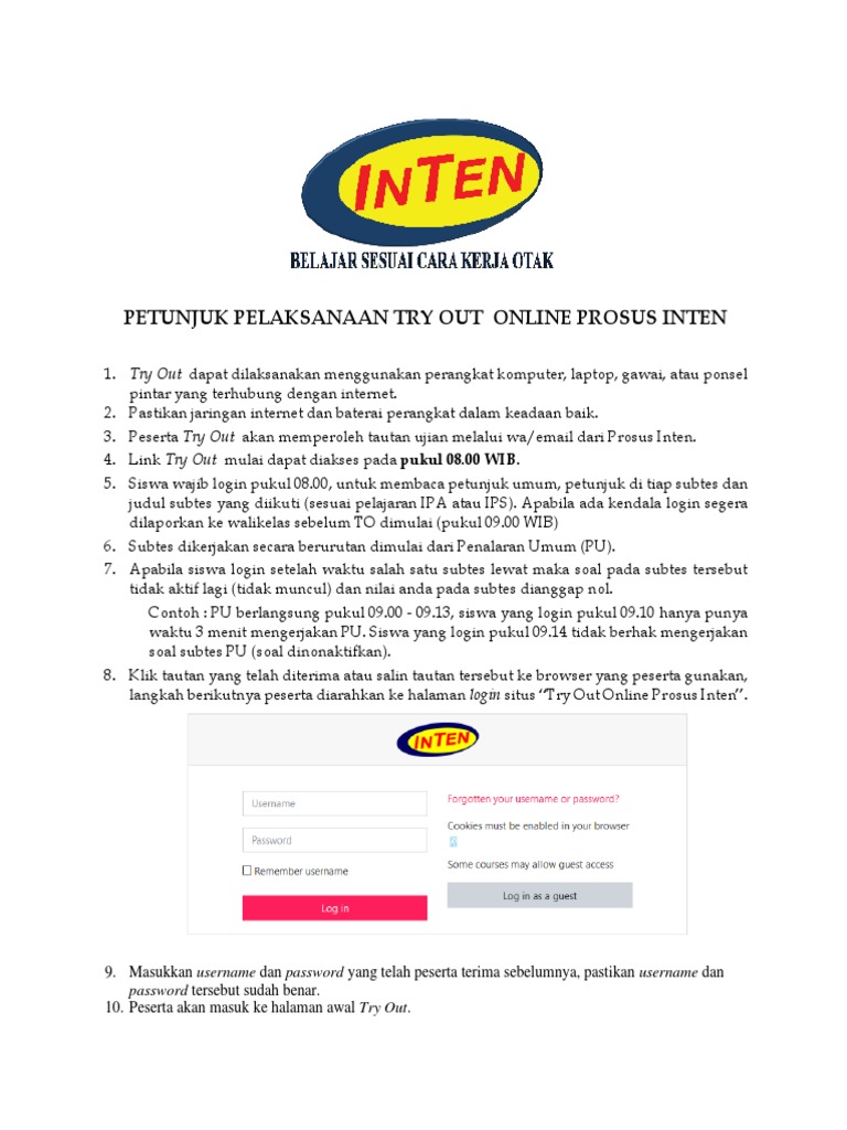 Petunjuk Pelaksanaan Try Out Online Prosus Inten | PDF