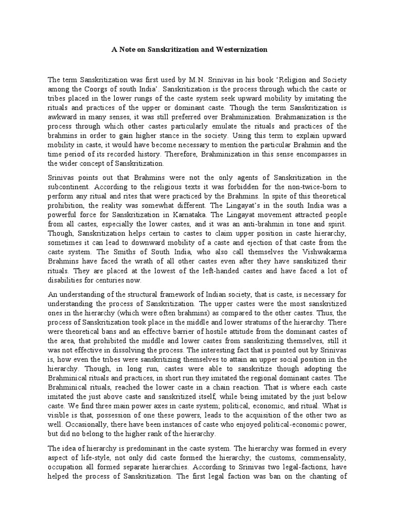 A Note On Sanskritization and Westernization | PDF | Caste