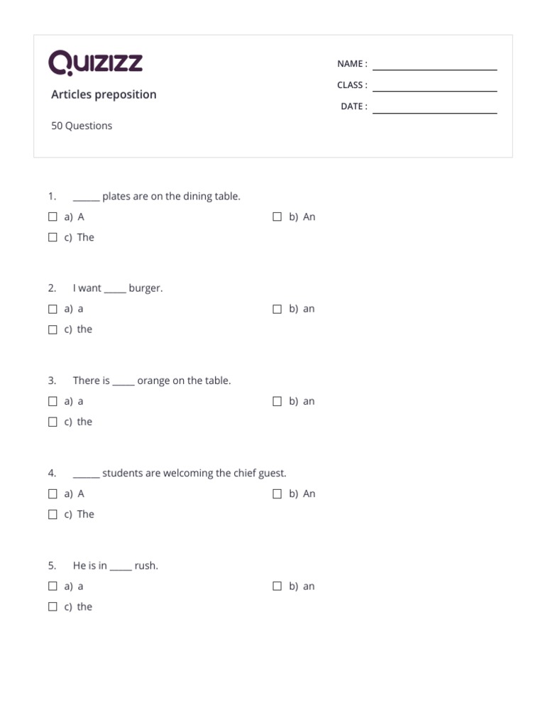 Articles and Prepositions Quiz | PDF | Part Of Speech | Morphology