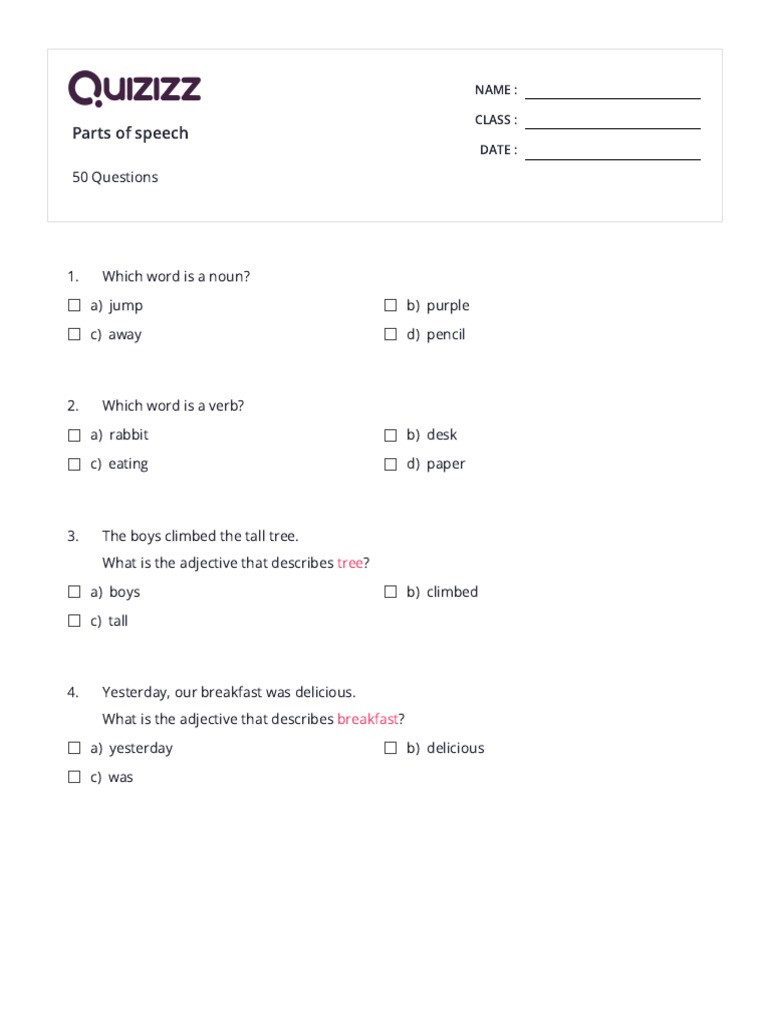 Parts of Speech - Print - Quizizz | PDF | Adverb | Verb