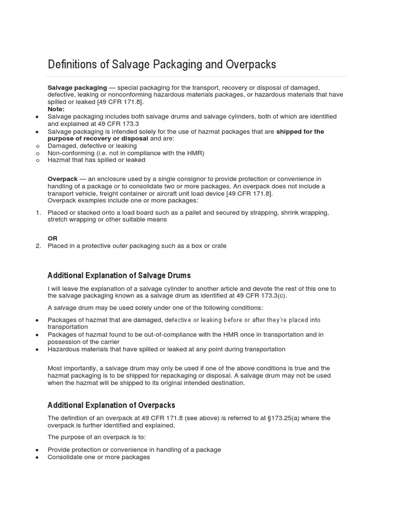 Definitions of Salvage Packaging and Overpacks | PDF | Dangerous Goods ...