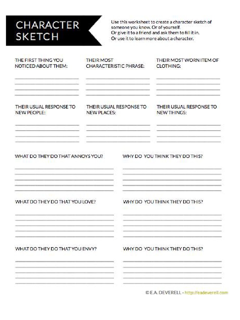 Character Sketch Worksheet 2 | PDF