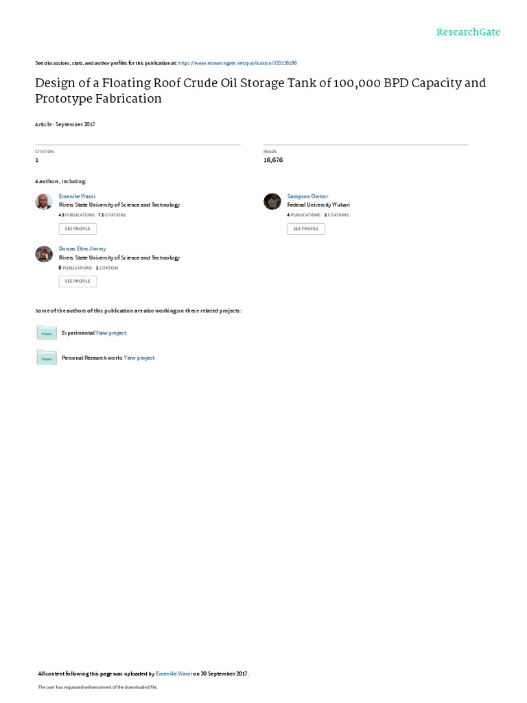 Design of A Floating Roof Crude Oil Storage Tank of 100,000 BPD ...