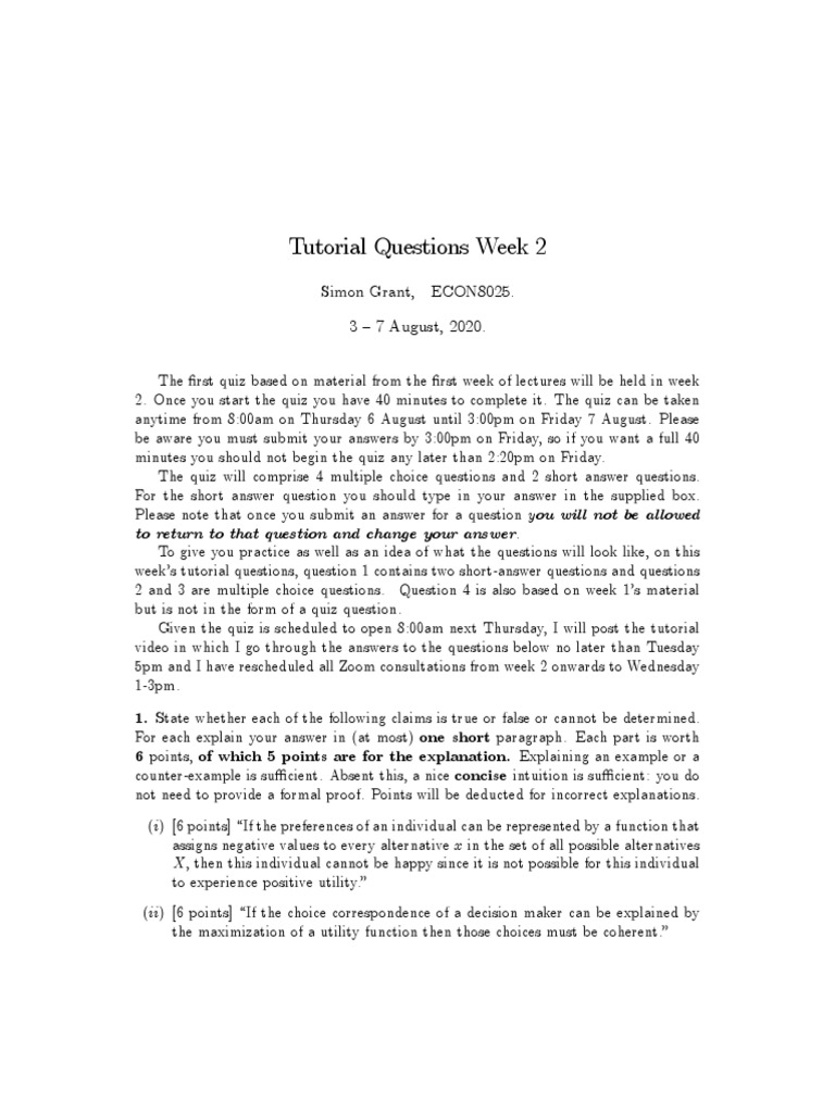 Tutorial Questions Week 2: Simon Grant, ECON8025. 3 - 7 August, 2020 | PDF | Utility | Economies